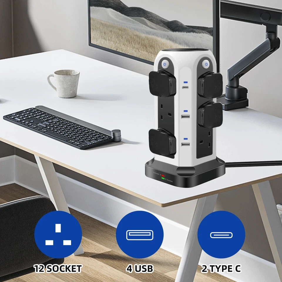 Extension 12 Way Tower Power Lead USB Multi Socket Surge Protected ...