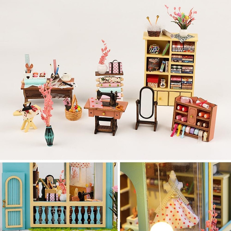 Mini Tailor Shop 3D Dollhouse Kit DIY Assembled Model with Dust Cover ...