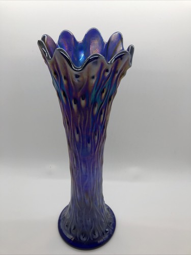 Antique Northwood Tree Trunk Cobalt Blue Carnival Glass Swung Vase 10. ...