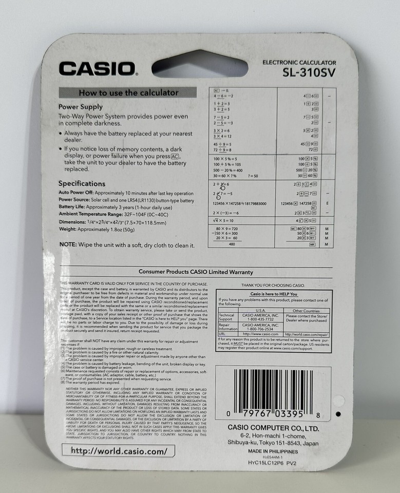 Casio SL-310SV 10-Digit Wallet Size Basic Calculator Brand New Sealed ...