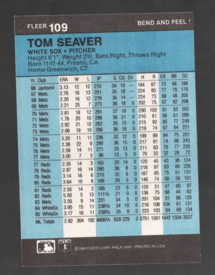 1986 Fleer Star Stickers Tom Seaver Chicago White Sox #109 Near Mint or ...