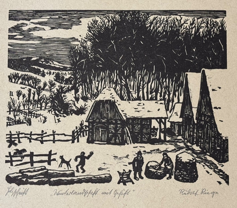 Rudolf Riege, Winterlandschaft mit Gehöft, Holzschnitt, 1932 ...