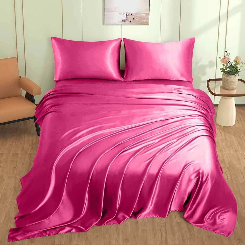 4pcs Hot Pink Satin Sheets Full Size Bed Set, 15 Inch Deep Pocket Silky ...