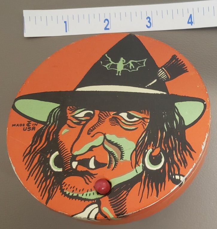 RARE Vintage Cohn Inc USA Halloween Rattle wooden handle WITCH litho ...
