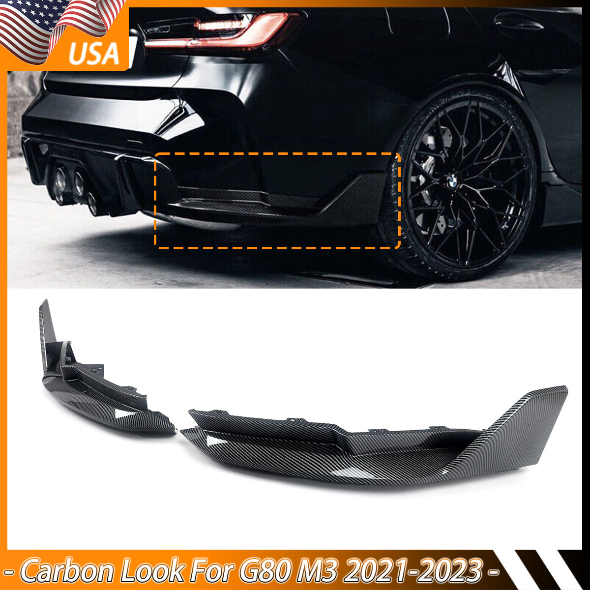 For 2021-2023 BMW G80 M3 Sedan Carbon Look Rear Bumper Corner Splitter ...