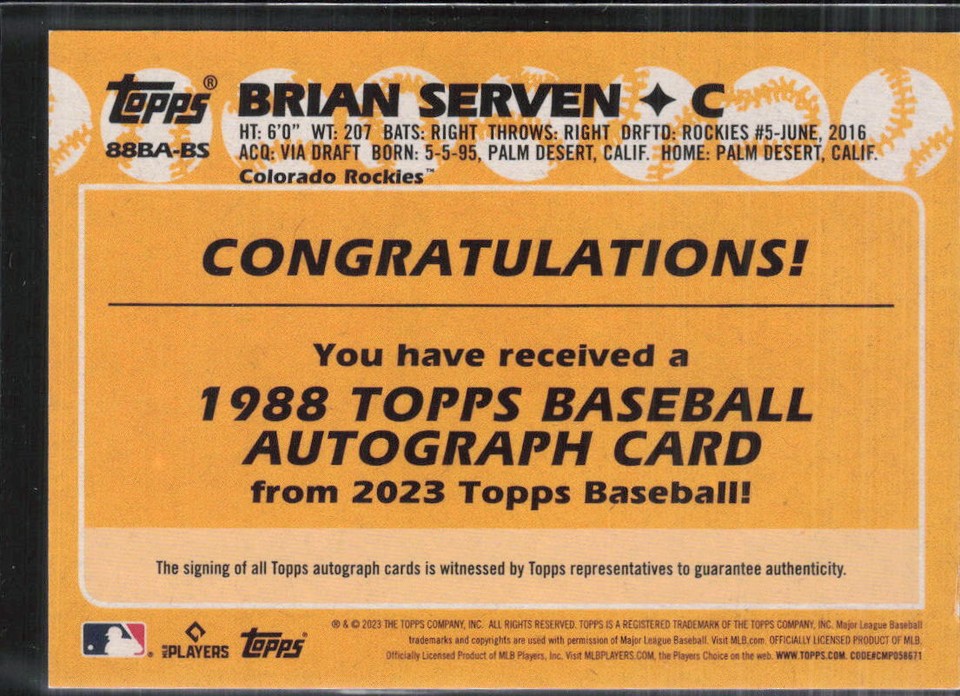 2023 Topps Brian Serven 1988 35th Anniversary Autograph RC Auto ...