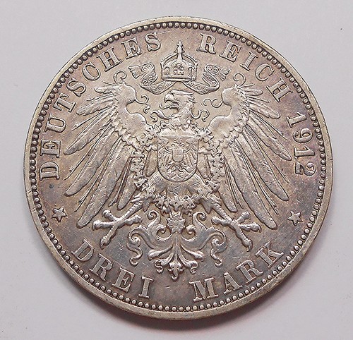 Germany 1912 G Baden SILVER 3 Mark CH VF-XF * Friedrich II BEAUTIFUL ...