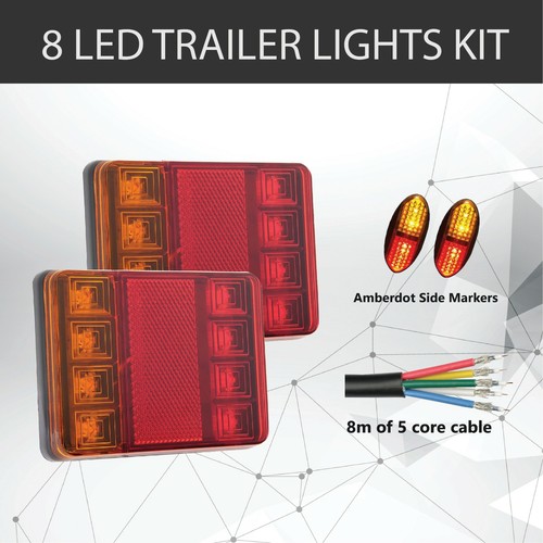 2 x 8 LED TRAILER LIGHTS KIT, 8M 5 Core CABLE, 2 x Red / Yellow Side ...