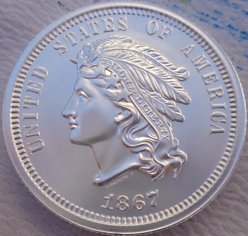 2 oz. 1867 5C PATTERN JUDD 561 Coin Tribute Thick BU rounds .999 fine ...