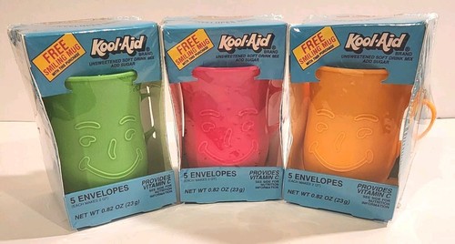 3 Vintage Kool-Aid Man Smiling Face Cups Green Pink Orange With Packets ...