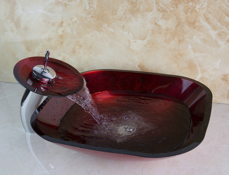 Red Square Bathroom Vessel Sinks Tempered Glass Basin Mixer Faucet ...