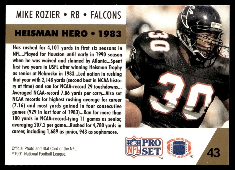 1991 Pro Set Mike Rozier Nebraska Cornhuskers/Atlanta Falcons #43 | eBay
