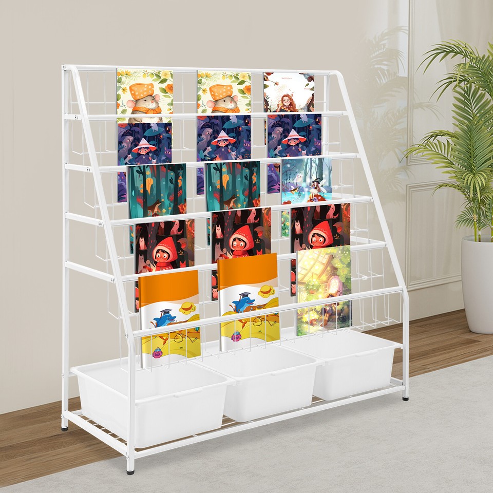 5 Tier Freestanding Kids Bookcase Metal Book Display Rack with 3 ...