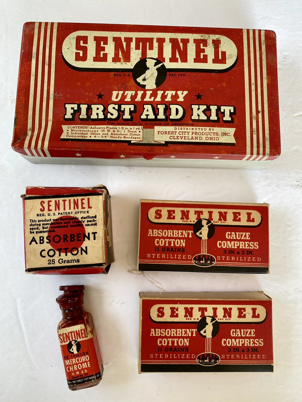 Vintage SENTINEL Utility First Aid Kit w/ Cotton, Gauze, & Mercuro ...
