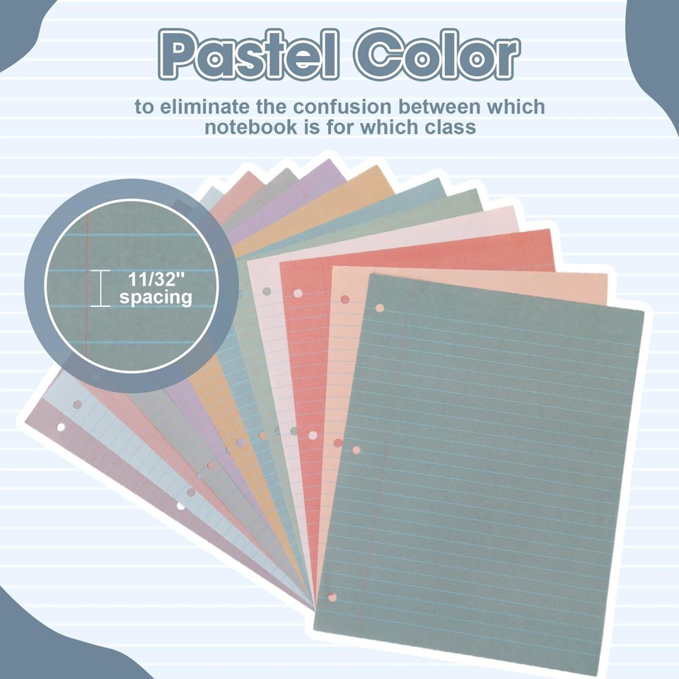 12 Pack 600 Sheets Colored Lined Paper Bulk Wide Ruled 8 x 10.5 Inches ...