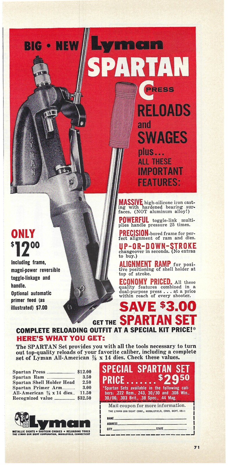 1962 Lyman Gun Sight Corp. Spartan Press Reloads Swages Vintage Print ...
