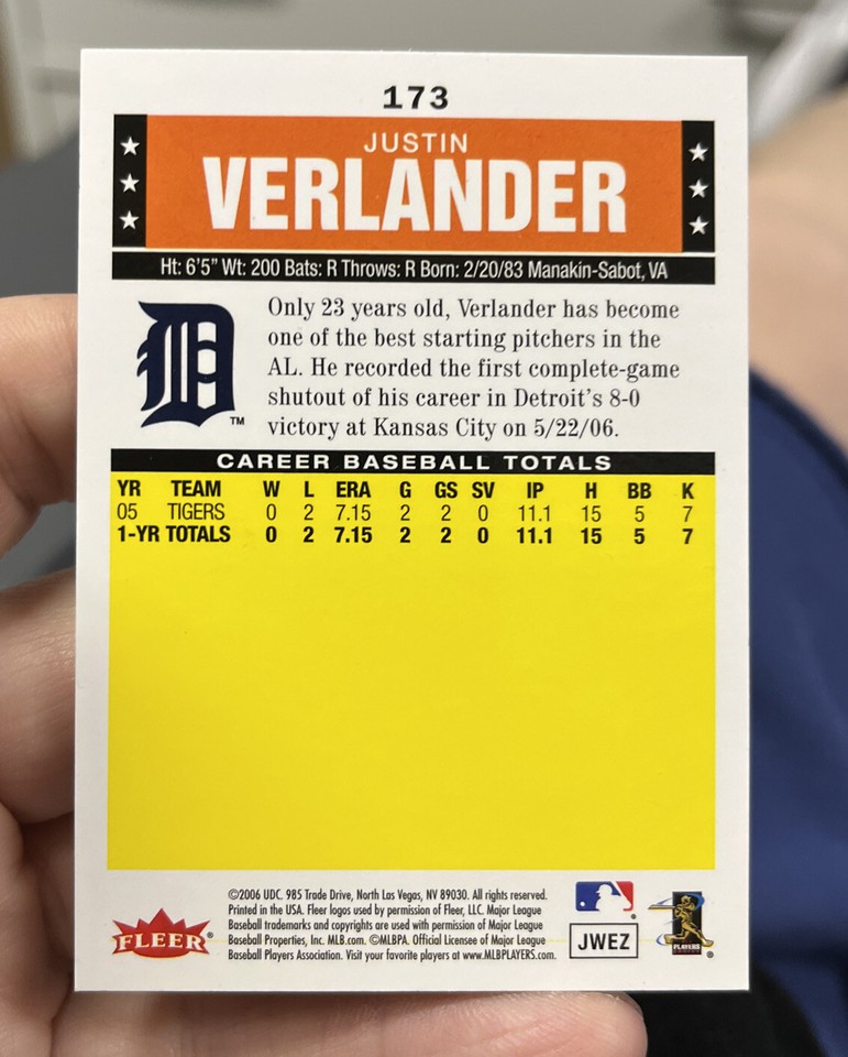 2006 FLEER TRADITION #173 JUSTIN VERLANDER ROOKIE CARD RC DETROIT ...
