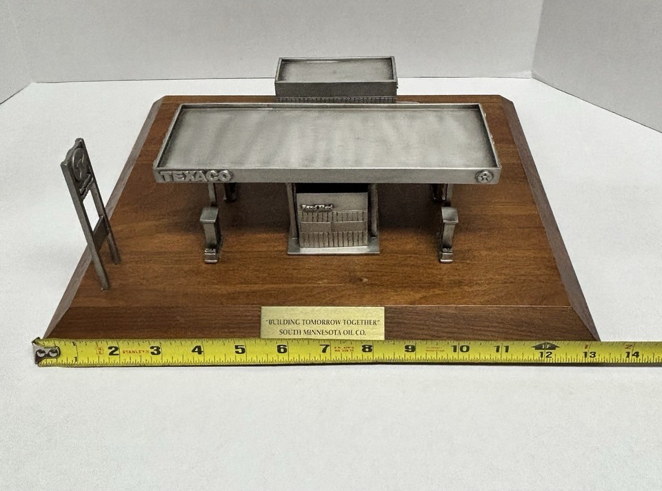 Vintage Texaco Gas Station Pewter Model w/ Wood Base Miniature ...