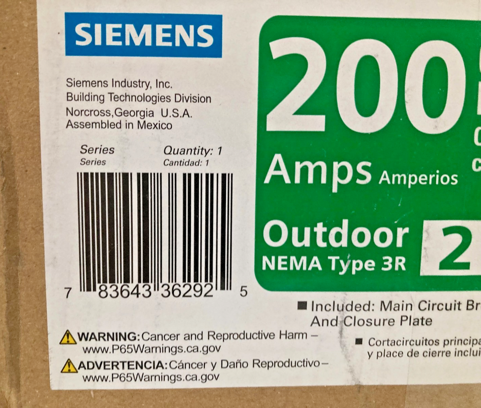 SIEMENS 200A Circuit Breaker W0202MB1200CU Outdoor 200 Amp 2 Space | eBay