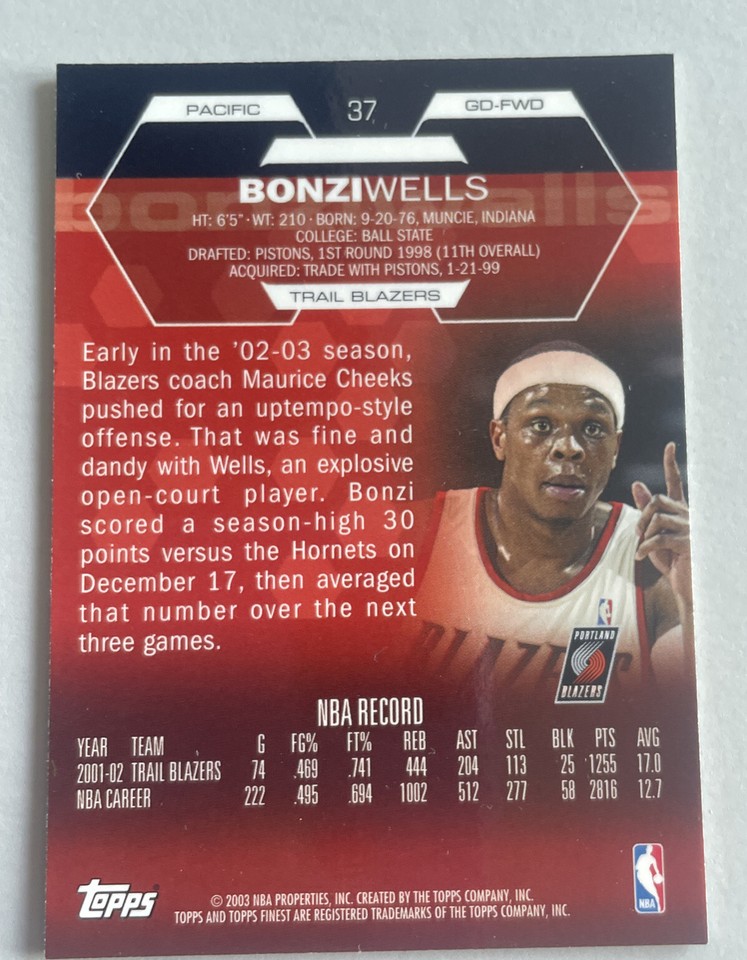 2002-03 Finest Basketball #37 Bonzi Wells Portland Trail Blazers | eBay