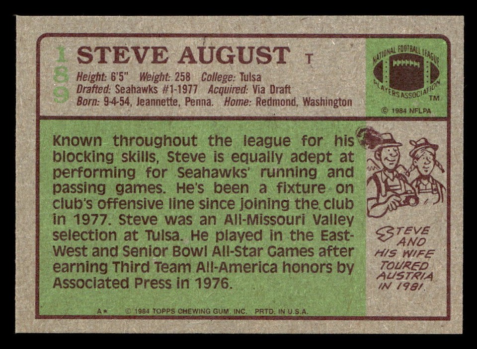 Steve August 1984 Topps Rookie Card #189 Seattle Seahawks | eBay