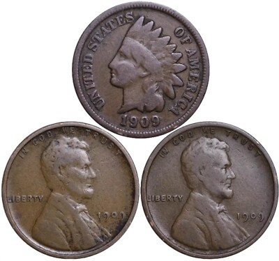 (3 PC. LOT) 1909 , 1909 V.D.B. , 1909 Indian and Wheat Cent Penny Lot ...