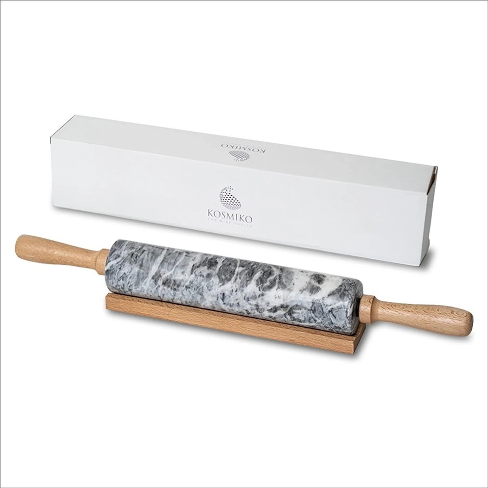 Polished Marble Rolling Pin with Wooden Cradle, 10-Inch Barrel, Black ...