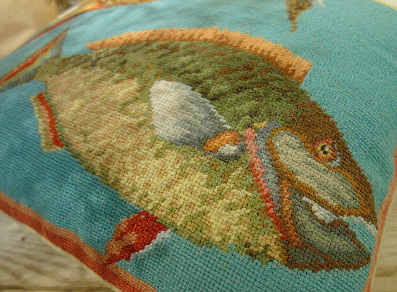 20" Hand Crafted Needlepoint Pillow Cushion Cover VIVID LARGE SEA Fish ...