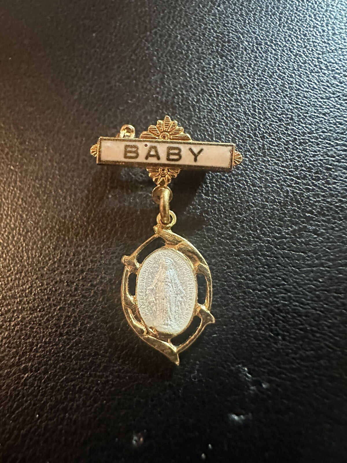 Vintage Catholic Medal Baby Pin Gold White Enamel Brooch Chapel 1/20 GF ...
