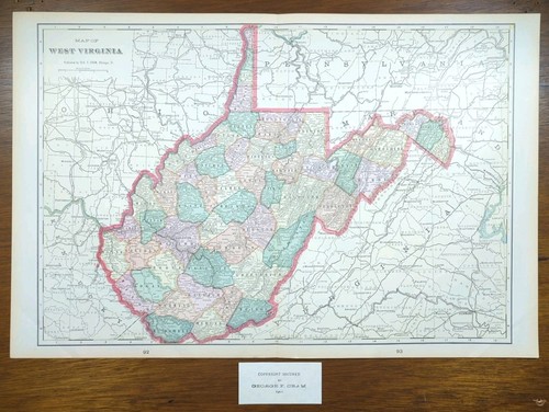 Vintage 1902 WEST VIRGINIA Map 22"x14" Old Antique Original CHARLESTON ...