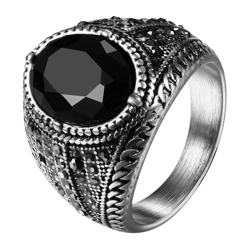 Men's Vintage Black Stone Ring Cuban Link Edge Stainless Steel Band ...