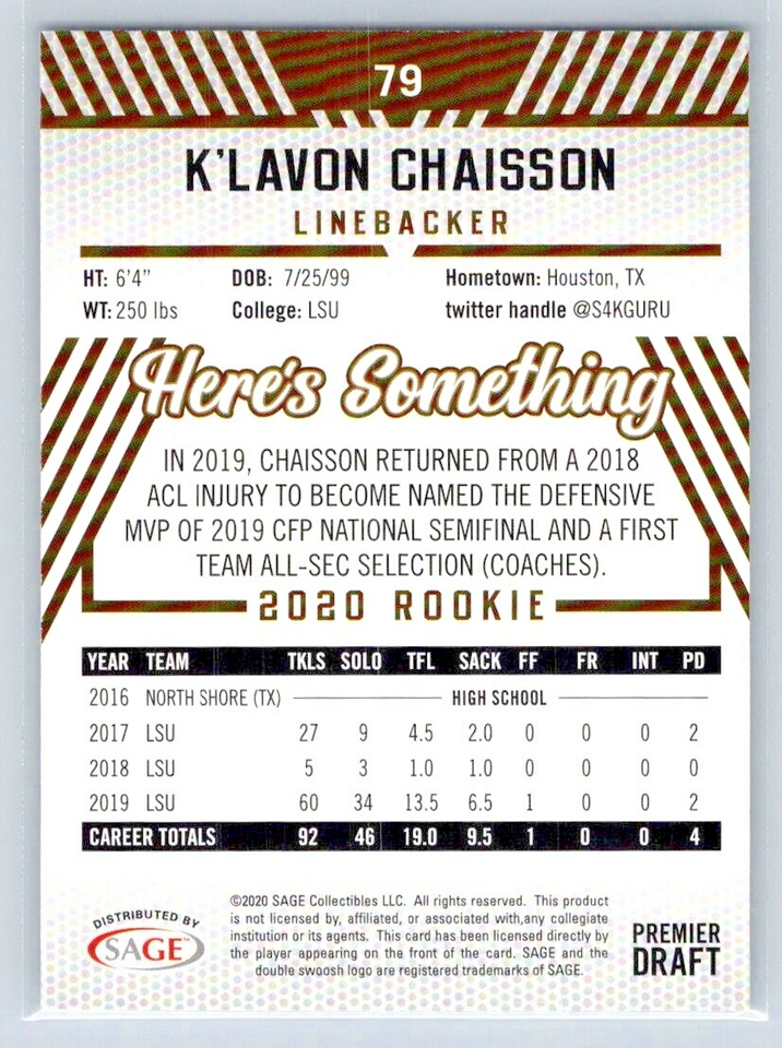 2020 SAGE HIT Football - K'Lavon Chaisson - GREEN - LSU Tigers - RC ...