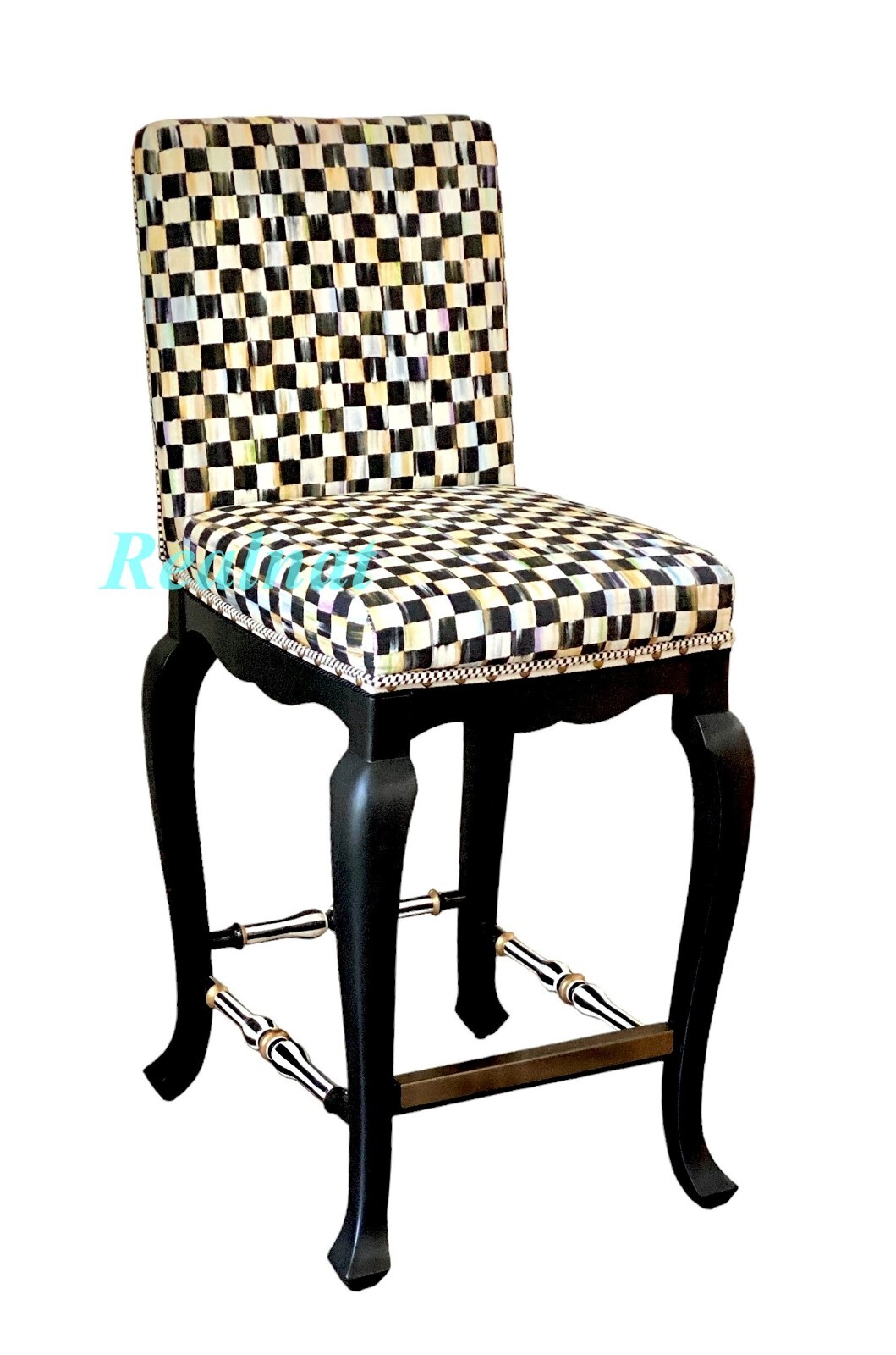 MacKenzie-Childs Courtly Check Black Counter Stool W/ Back Barstool New ...