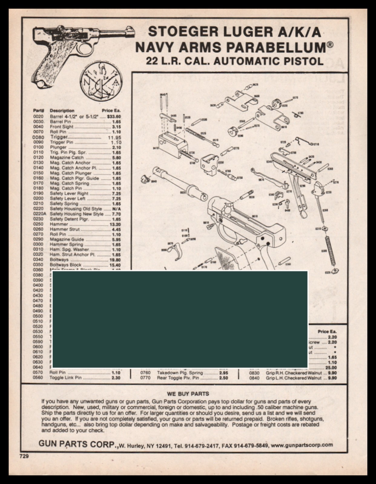 1998 STOEGER Luger Navy Arms Parabellum Pistol Schematic Exploded Parts ...