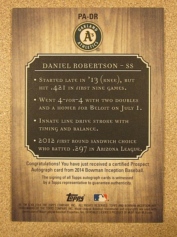 2014 BOWMAN INCEPTION GOLD PA-DR DANIEL ROBERTSON AUTO SIGNED ATHLETICS ...
