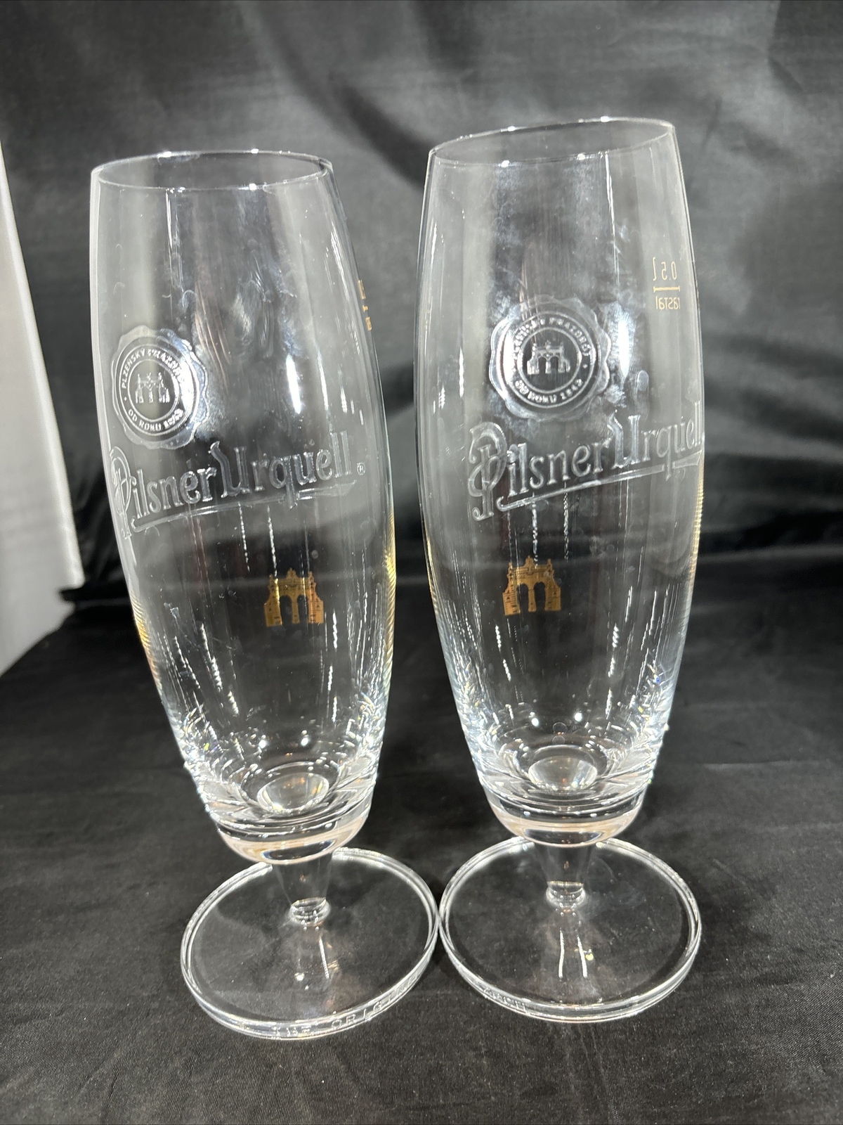 SET OF 2 Pilsner Urquell Embossed Short Stemmed Footed Clear Beer Glass ...