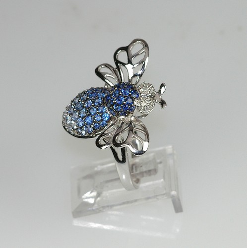 14K WHITE GOLD BLUE SAPPHIRE DIAMOND BUMBLE BEE INSECT NATURE OMEGA ...