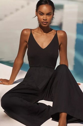 By Anthropologie High Tide Wide-Leg One-Piece Jumpsuit Dress Black M ...