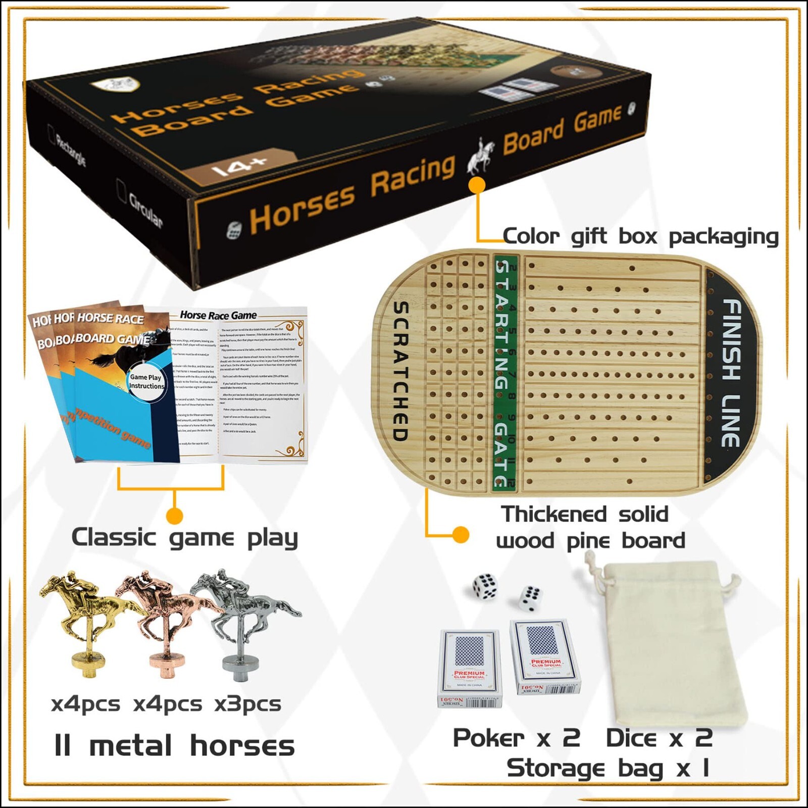 Jyquorp Horse Race Board Game Racing Game Thickened Solid Wood with 11 ...