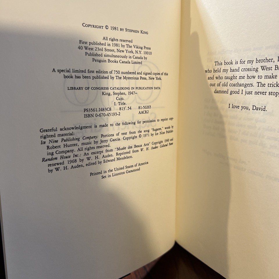 Stephen King, CUJO, 1981 HC/DJ The Viking Press Nice BOMC 9780670451937 ...