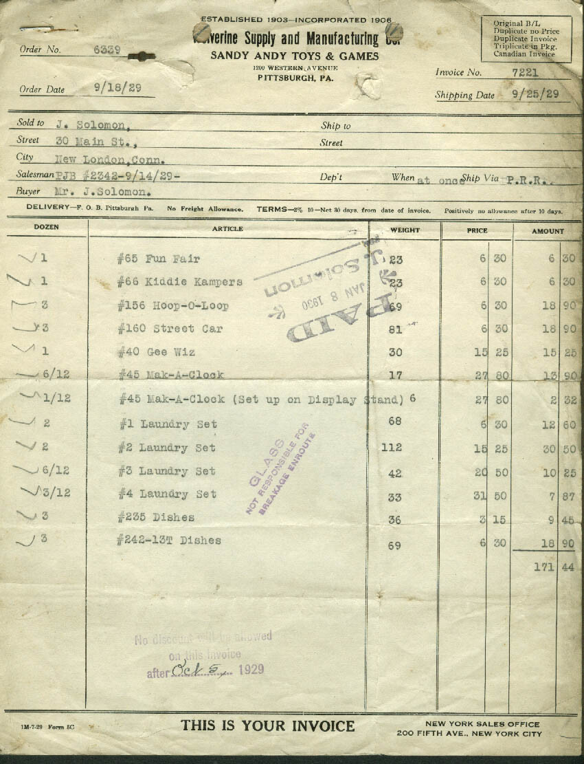 Wolverine Supply Sandy Andy Toys invoice 1929 Street Car Hoop-o-Loop ...