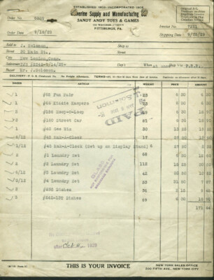 Wolverine Supply Sandy Andy Toys invoice 1929 Street Car Hoop-o-Loop ...