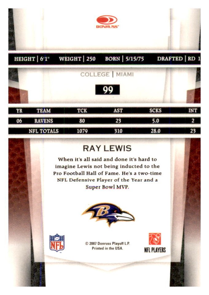 2007 Certified Ray Lewis NFL Base Card PWE Set Break Ravens #99 | eBay