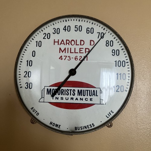 VINTAGE MOTORIST MUTUAL INSURANCE Miller INS. AGCY. ROUND THERMOMETER ...