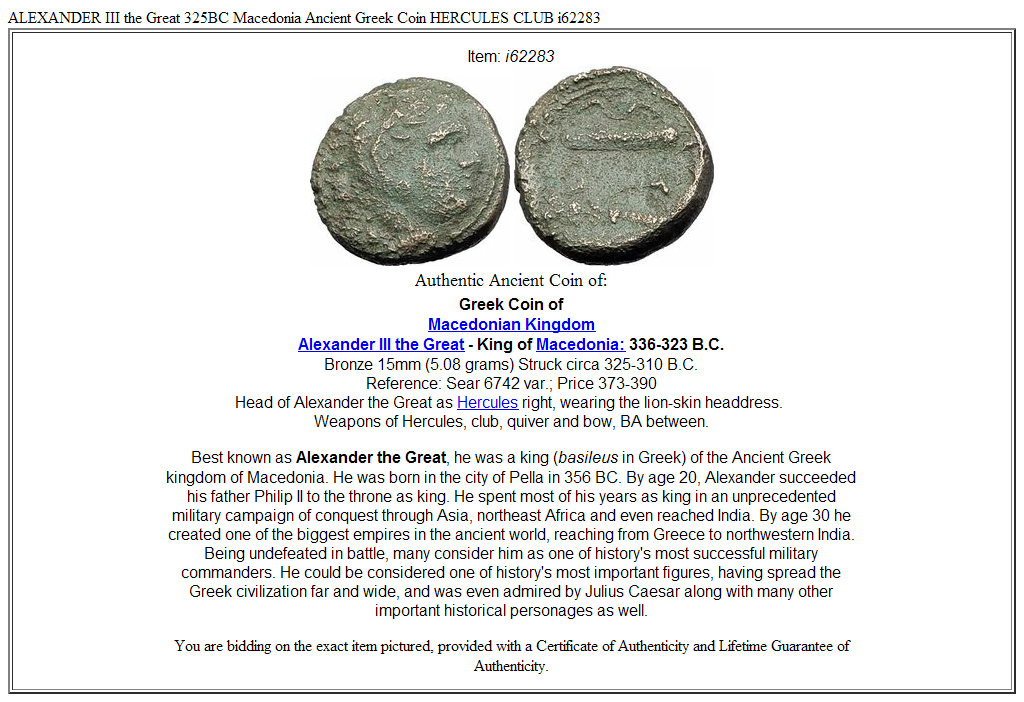 ALEXANDER III the Great 325BC Macedonia Ancient Greek Coin HERCULES ...