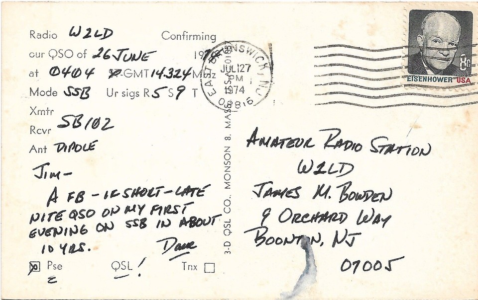QSL Card CB Ham Radio PostCard W2LD 1974 Brunswick New Jersey WA2ERJ ...