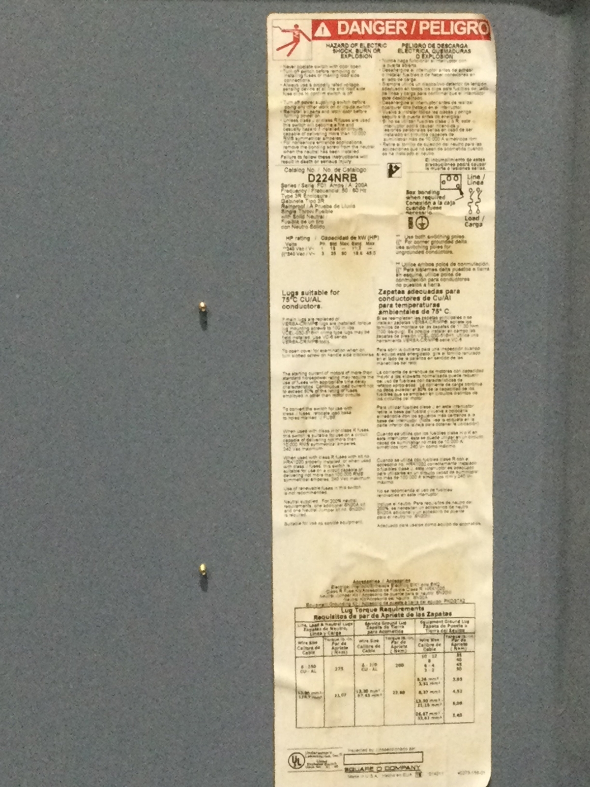 Square D D224NRB 200 Amp 240VAC Fusible Disconnect Single Phase Nema3R ...
