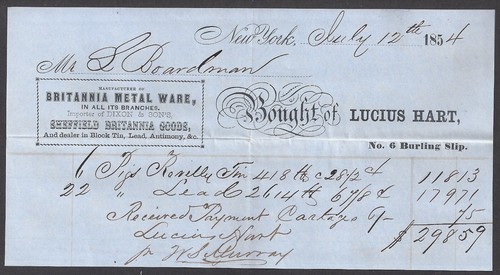 NEW YORK ~ LUCIUS HART, MFR. BRITANNIA METAL WARE ~ BILLHEAD 1854 to L ...