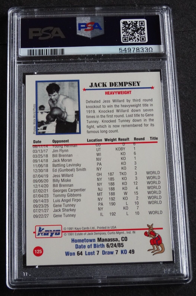 1991 Kayo #125 Jack Dempsey Boxing Card PSA 10 Gem Mint | eBay