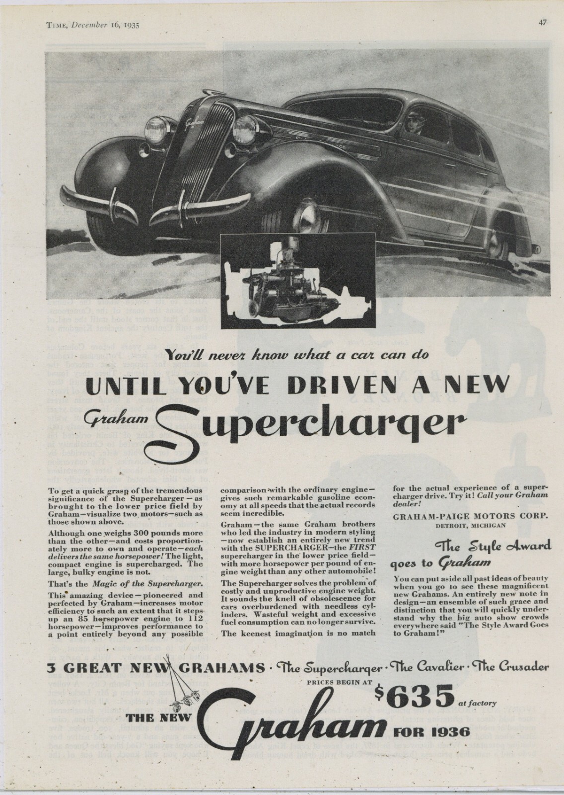 1935/36 Graham Supercharger Automobile Ad: Cavalier, Crusader Model ...